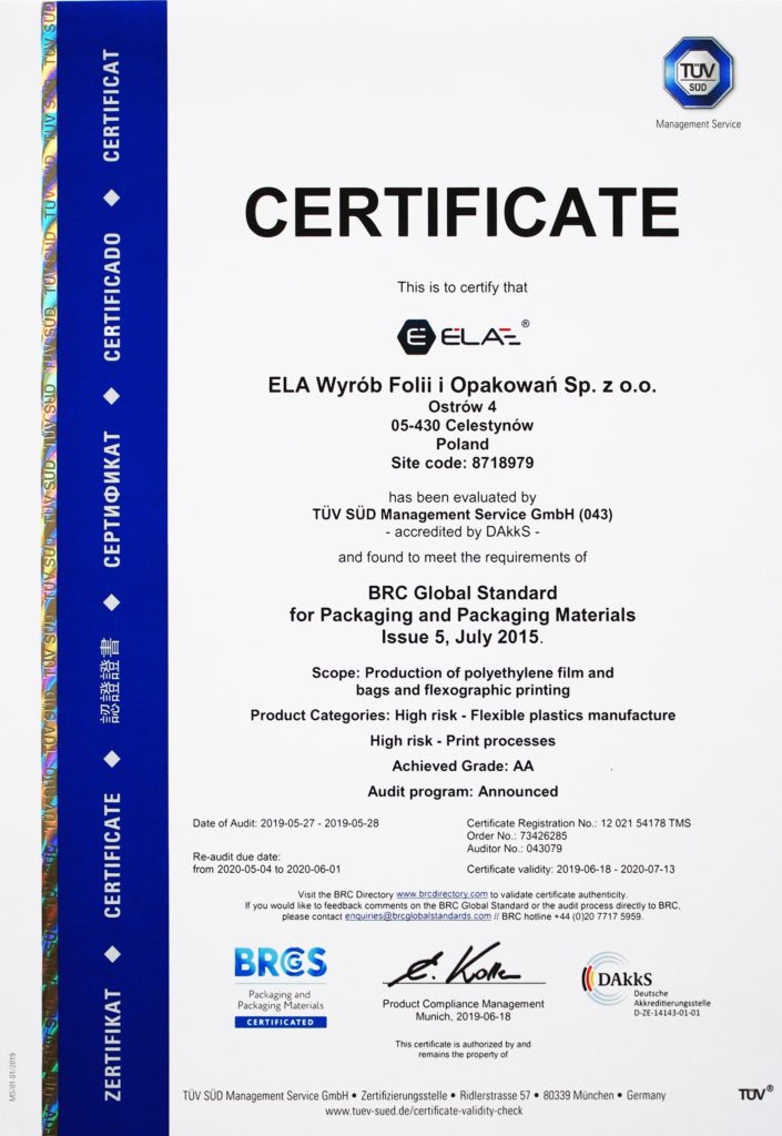 BRC Certificate 2019 – ELA – Wyrób folii i opakowań
